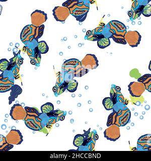 Mandarin fish seamless patterns. beautiful character among seashells ...