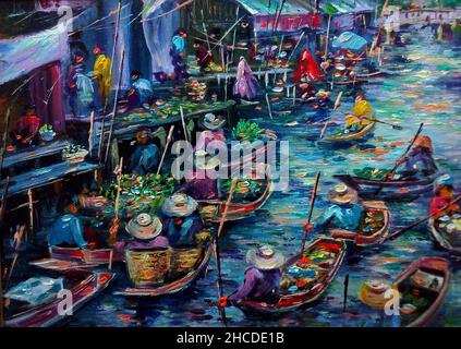original impressionism art oil painting floating market damnoen saduak ...