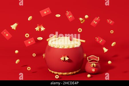Coins and red packets surround the lucky bag, translation on the bag ...
