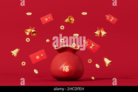 Coins and red packets surround the lucky bag, translation on the bag ...