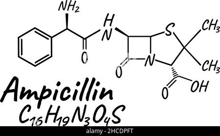 Ampicillin antibiotic chemical formula and composition, concept ...