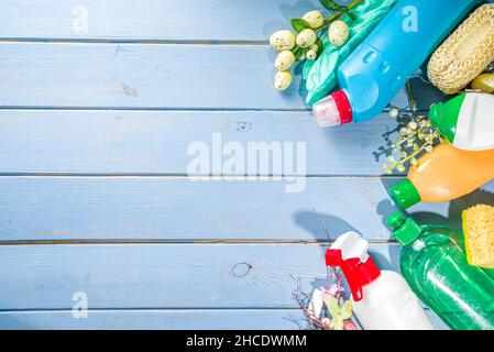 Spring cleaning concept. Sun lighted bright blue background with ...