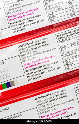 Ingredient label on packet of ASDA supermarket own-label dark chocolate ...