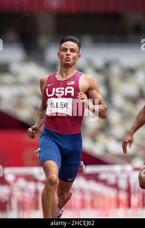 Devon Allen participating in the 110 meter hurdles at the 2020 Tokyo ...