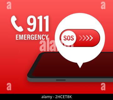 911 smartphone in flat style. Call icon vector. Hand holding smartphone. First aid. Finger touch ...