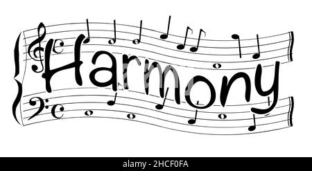 A musical stave with random black notes set over a white background ...