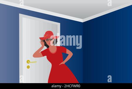Woman sneaking at a door. Vector illustration. EPS10. Dimension 16:9 ...
