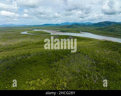 Drone aerial over a creek and tidal salt pan environment Stock Photo ...