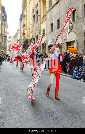 Florence, Italy - January 6, 2013: Flag throwing and waving parade as ...
