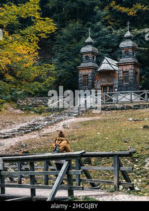 A vertical shot of a wooden bridge in a mystic foggy field Stock Photo ...