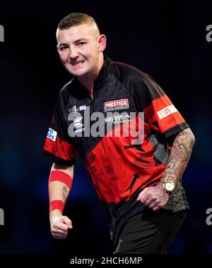 Callan Rydz reacts during his match against Martin Schindler on day ...