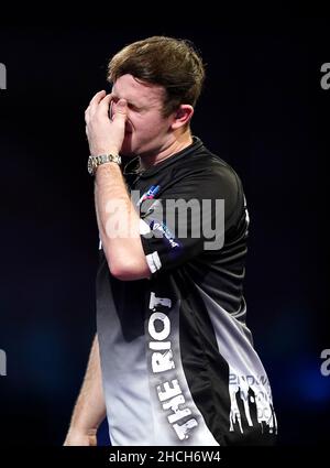 Callan Rydz reacts during his match against Martin Schindler on day ...