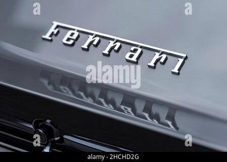 Ferrari brand lettering on a vintage sports car Ferrari 275 GTB4, year ...