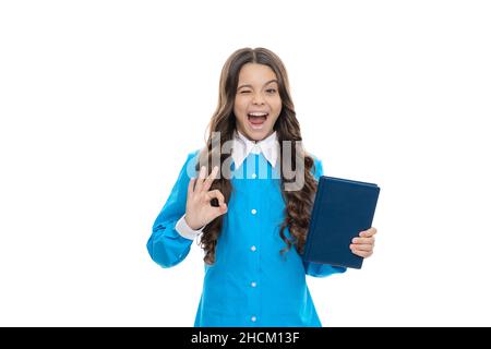 Its OK to be smart. Playful child show OK sign. Library book. School ...