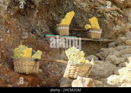 Sulfur mining operation at Kawah Ijen, Banyuwangi Regency, East Java ...