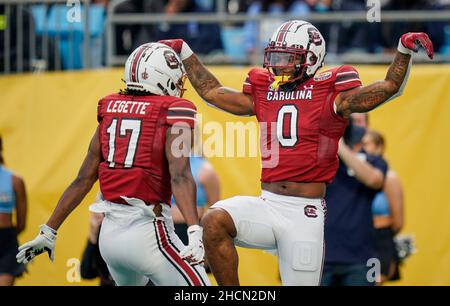South Carolina wide receiver Xavier Legette (17) runs away from ...