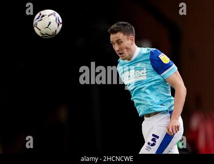 Derby County's Craig Forsyth has a head shot on goal during the Sky Bet ...