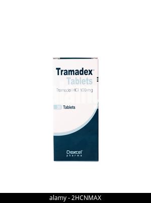 Rishon LeZion, Israel, December 30, 2021: Tramadex package, opioid pain ...