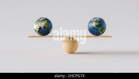 wooden scale balancing two big balls in front white background - 3D ...