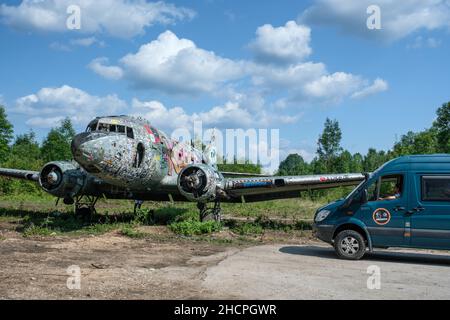 Zeljava Air Base in Croatia and Abandoned Douglas C-47 Airplane on the airbase entrance. It is ...