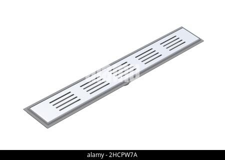 Long rectangular shower drain with stainless grid isolated on white ...