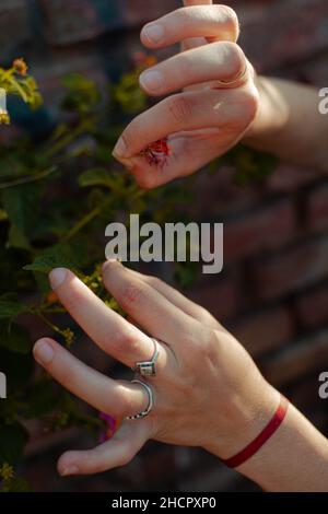 A vertical closeup shot of a hand picking up a crunchy nacho chip from ...