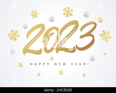 Postcard Happy New 2023 Year and Merry Christmas. Winter fir forest at ...