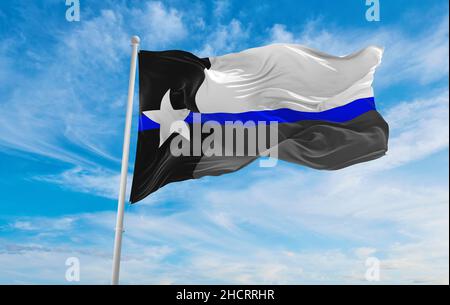 Thin Blue Line USA Texas flag waving at cloudy sky background on sunset ...