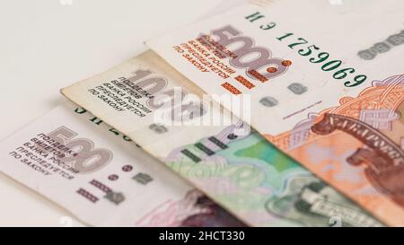 Close-up of banknotes. Five thousand, five hundred, ten thousand, lead ...