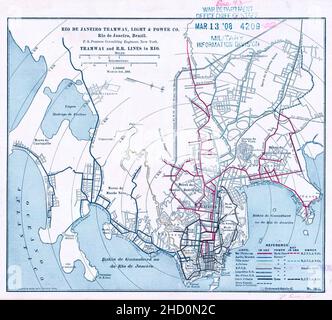 The 1906 Rio de Janeiro Tramway Map shows the city's tram system ...