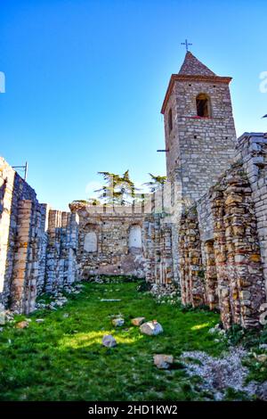 The ruins of an ancient church in Pignola, a medieval village in the ...