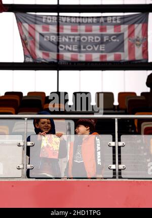Brentford fans in the stands ahead of the Premier League match at the ...