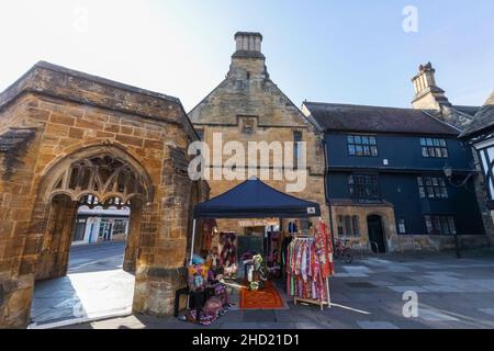 England, Dorset, Sherborne, Colourful Market Day Stall and The Conduit ...