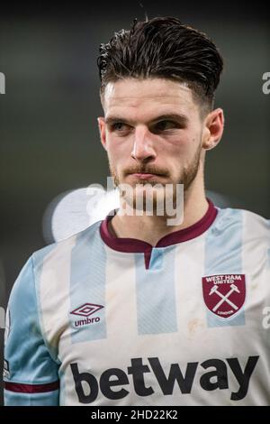 Declan Rice of West Ham looks on during the Premier League match ...