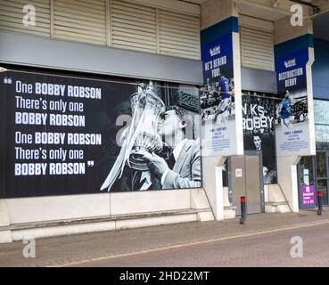 Banners celebrating Ipswich Town football club history, Sir Bobby ...
