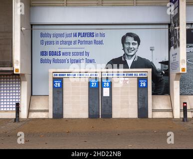 Banners celebrating Ipswich Town football club history, Sir Bobby ...