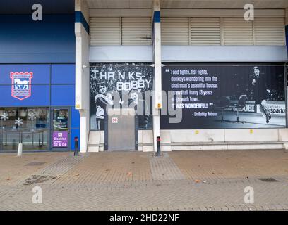 Banners celebrating Ipswich Town football club history, Sir Bobby ...