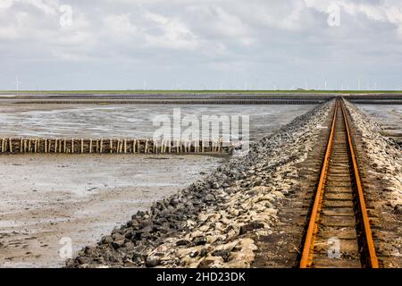 Railway tracks run over a dyke at the north sea Stock Photo - Alamy