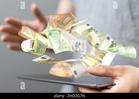 3D rendering of euro bills flying around in hand Stock Photo - Alamy