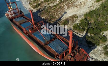 Aerial view of the ship washed ashore. Shot. Top view of an abandoned ...