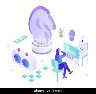 Isometric Robot playing chess with a man. Artificial Intelligence vs ...