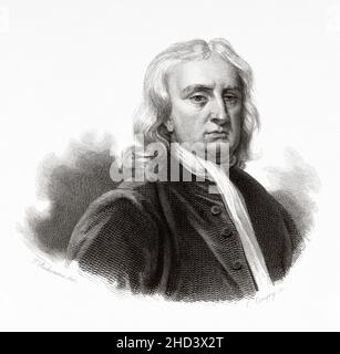 engraved portrait illustration of Sir Isaac Newton (1642-1727) was an ...