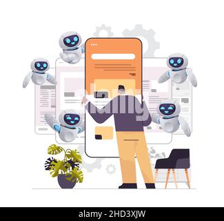 man and robot web developers creating program code on smartphone screen ...