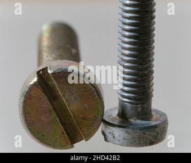 Close-up picture of a rusty gold and silver screw on a white background ...