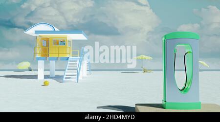 EV charging point at the beach, 3D illustration Stock Photo - Alamy