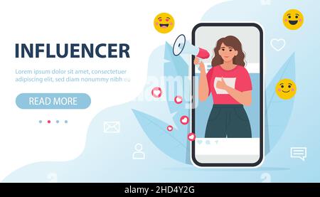 Social media influencer. Illustration with woman holding megaphone and ...