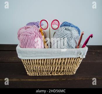 woolen balls, scissors, crochet hook, lots of handiwork materials Stock ...