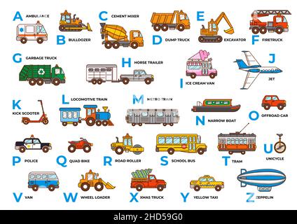 English Alphabet car transport. ABC print. Cartoon Stock Vector Image ...