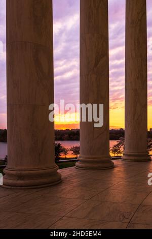 Sunset through columns at the Thomas Jefferson Memorial, Washington, DC ...