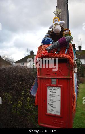 Knitted Nativity scene on a post box in Birchington Kent UK. Knitted by ...